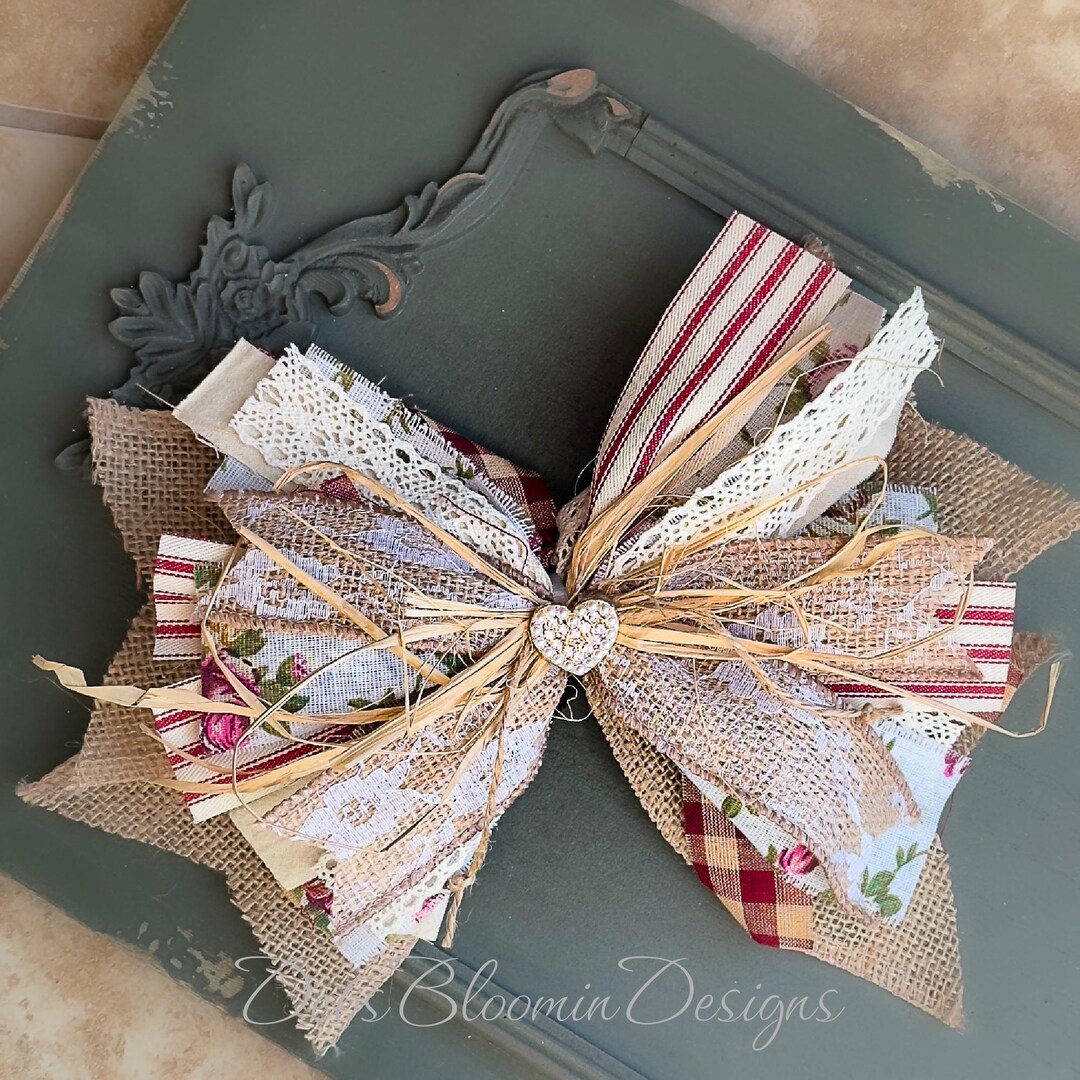 Farmhouse Burlap Rag Bow: Rustic Ticking Stripe Wreath Decor - Etsy