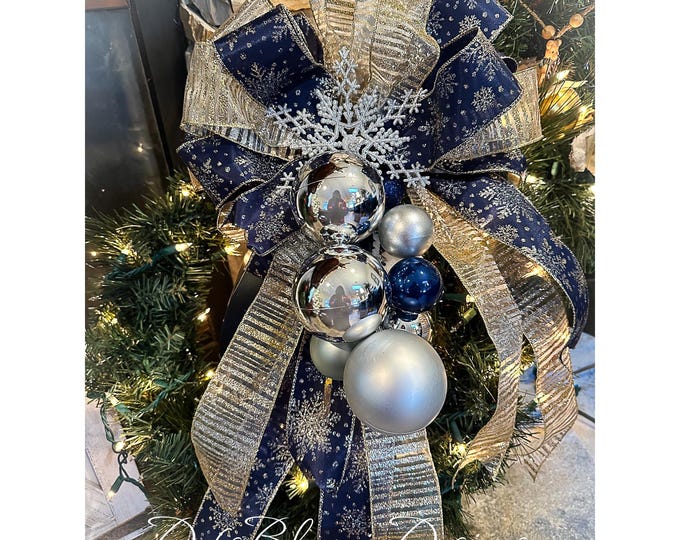 Large Christmas Tree Topper Bow Navy Blue With Champagne Gold ...