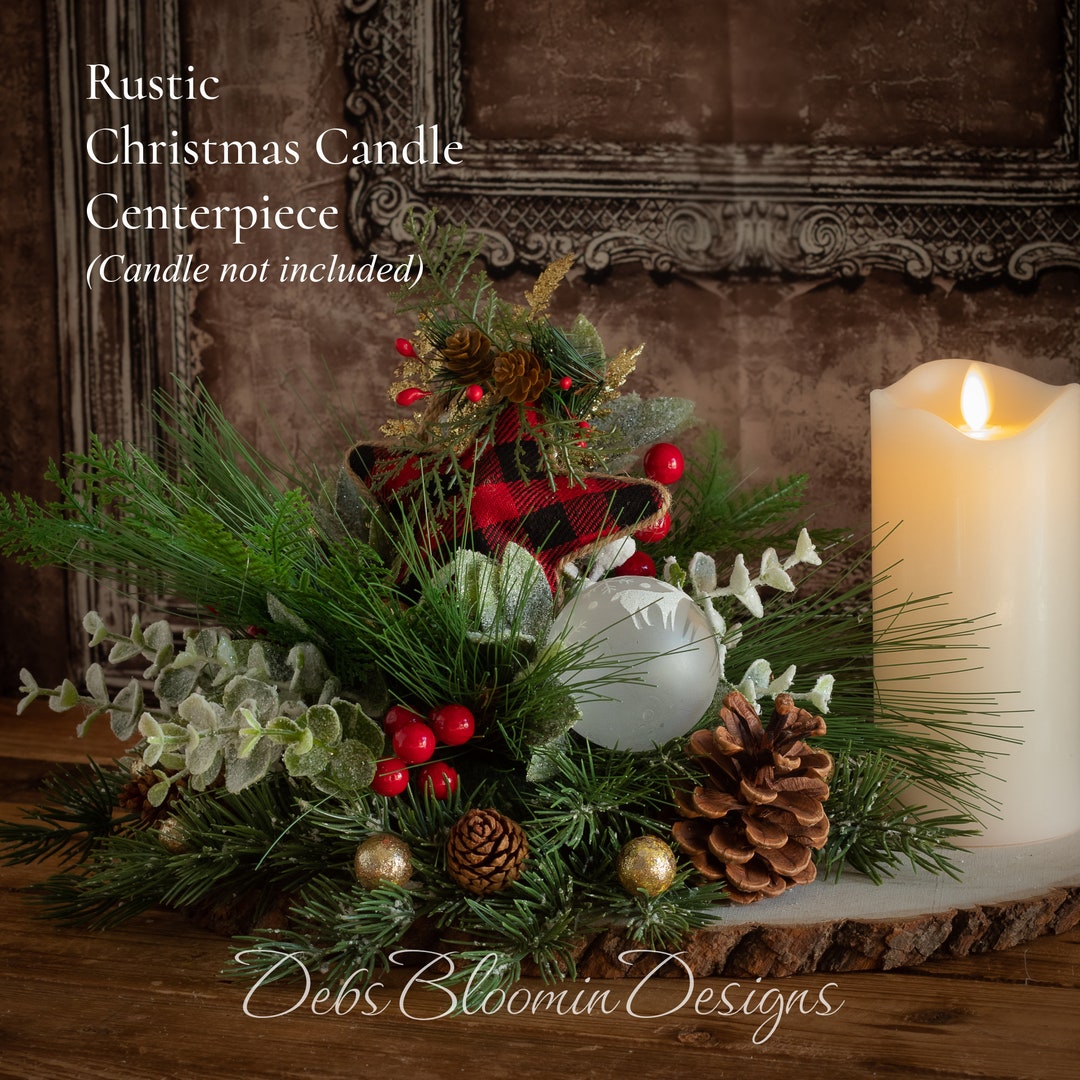 Rustic Christmas Candle Centerpiece Wooden Base Faux Floral - Etsy