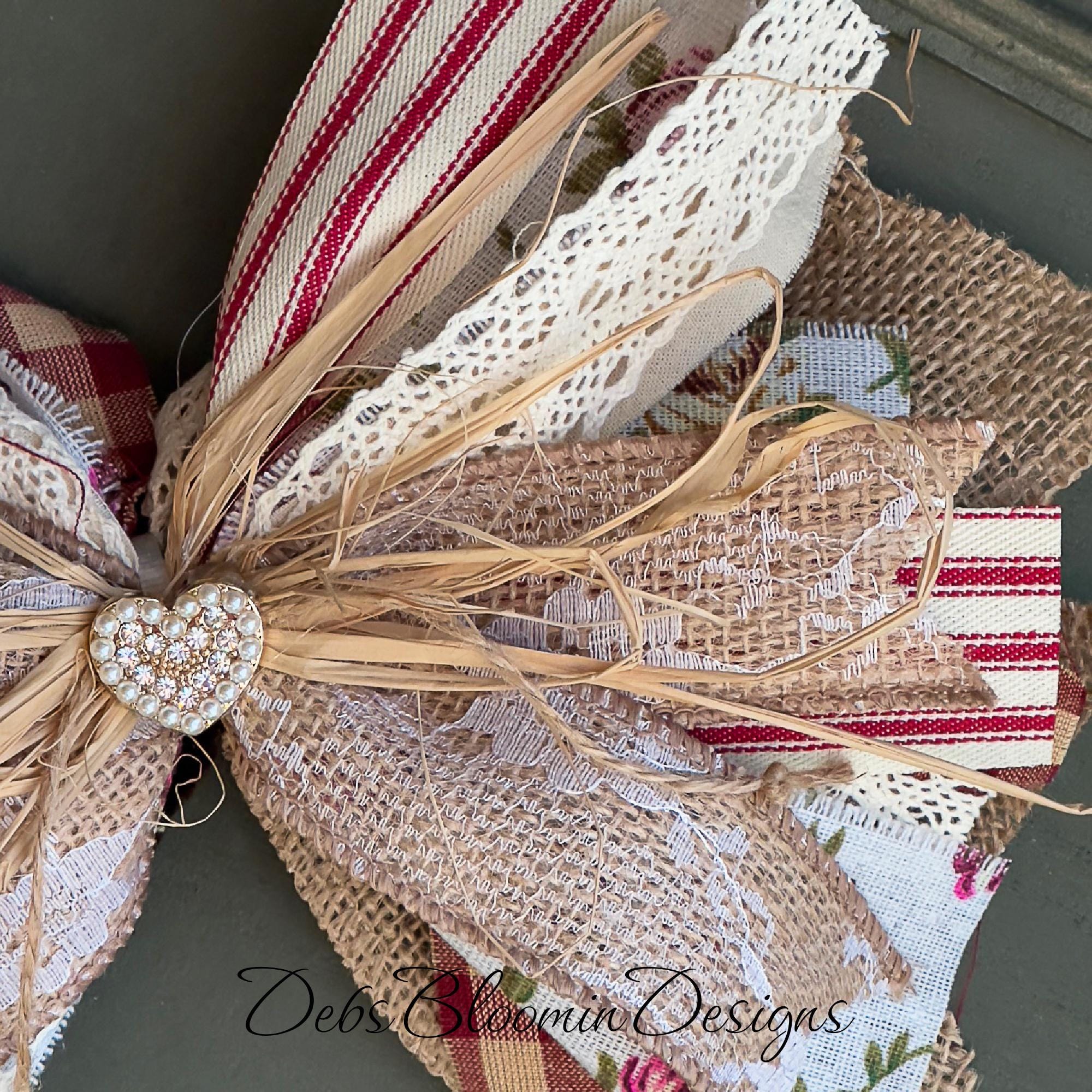 Rustic Valentine Rag Bow, Farmhouse Rag Bow for Valentine's Day, Wreath ...