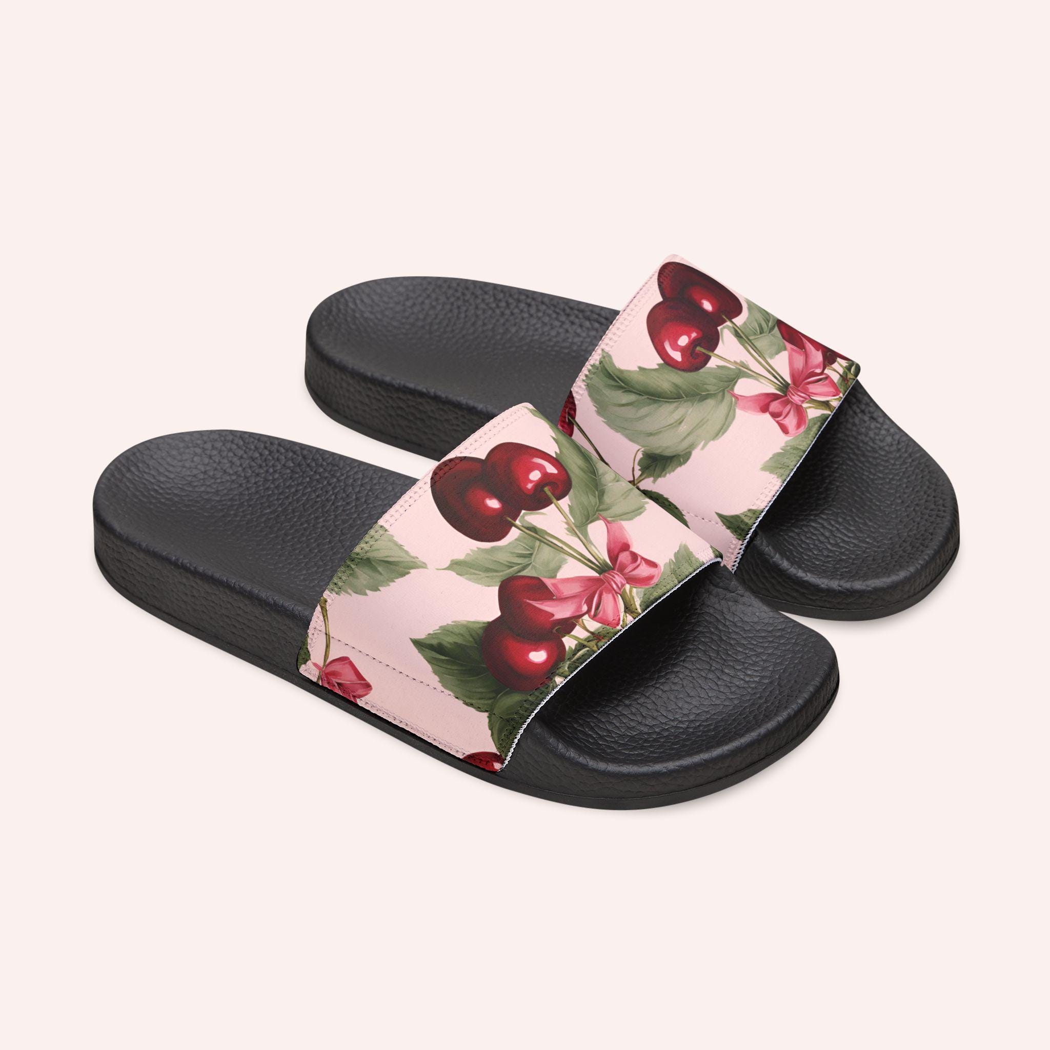 Women's Cherry Print Slide Sandals Blushpink Cherries Coquetteful Pink ...