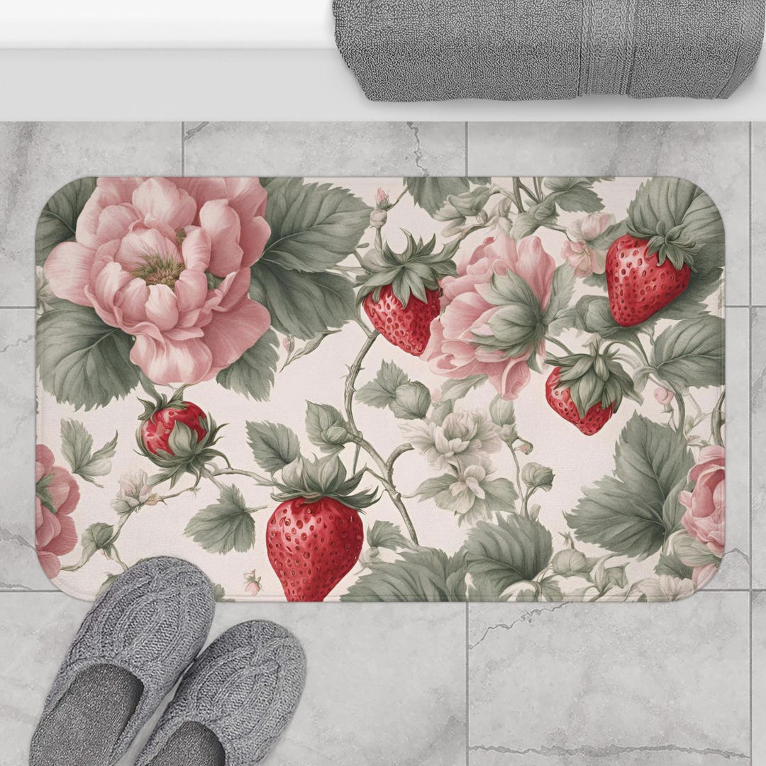 Strawberry Garden Bath Mat - Floral Design Red Strawberries Green ...