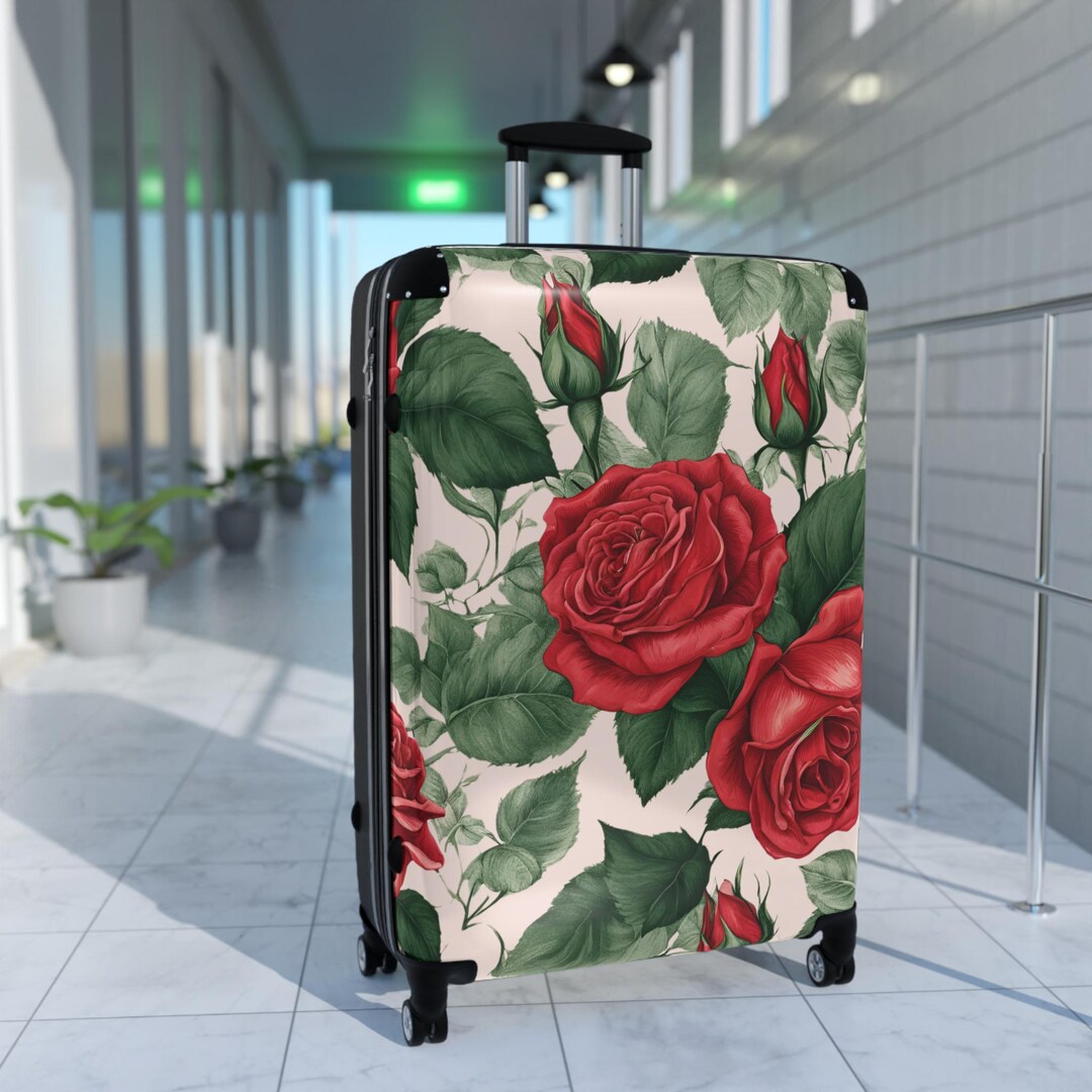 Retrofloral Suitcase Red Roses Green Leaves Pink Background Floral ...