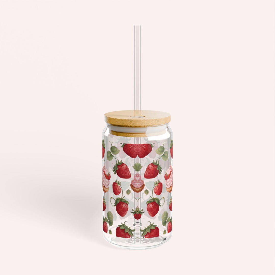 Strawberry Shortcake Sipper Glass 16oz Whimsical Red Strawberries Mini ...