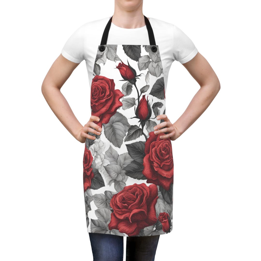 Red Roses Elegant Floral Apron for Home Chefs, Kitchen Gift, Cooking ...