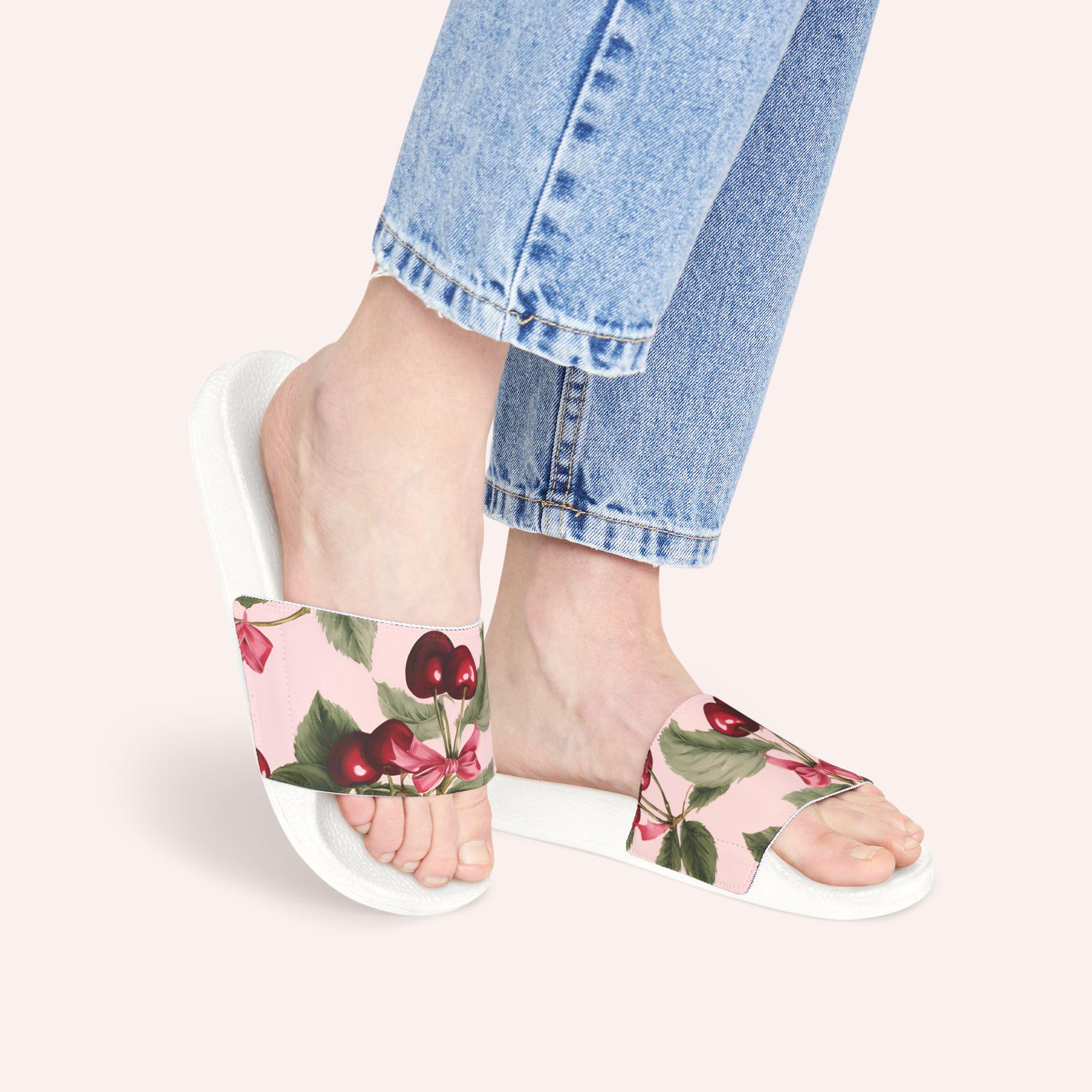 Women's Cherry Print Slide Sandals Blushpink Cherries Coquetteful Pink ...