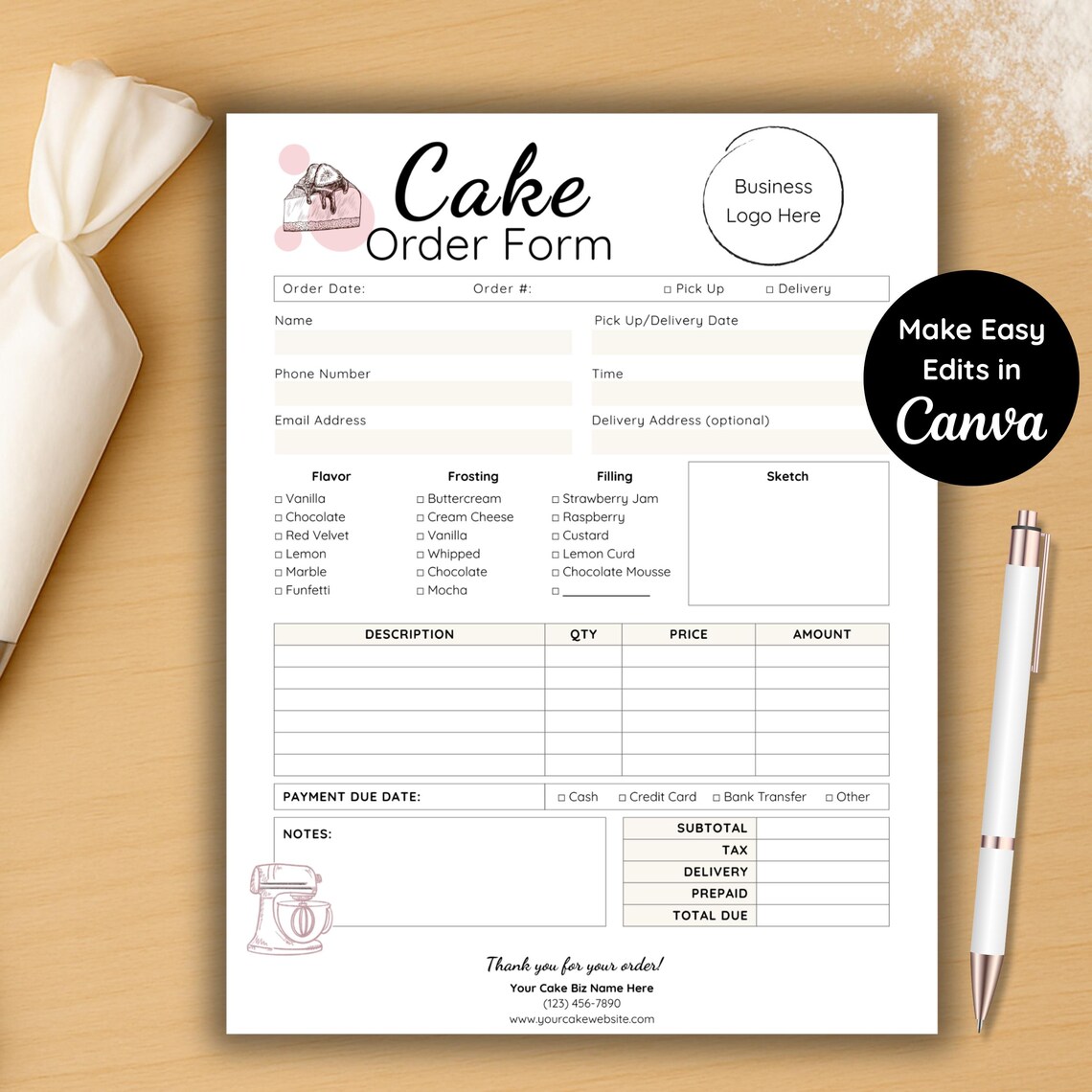Editable Cake Order Form Template | Canva Printable Bakery Order ...