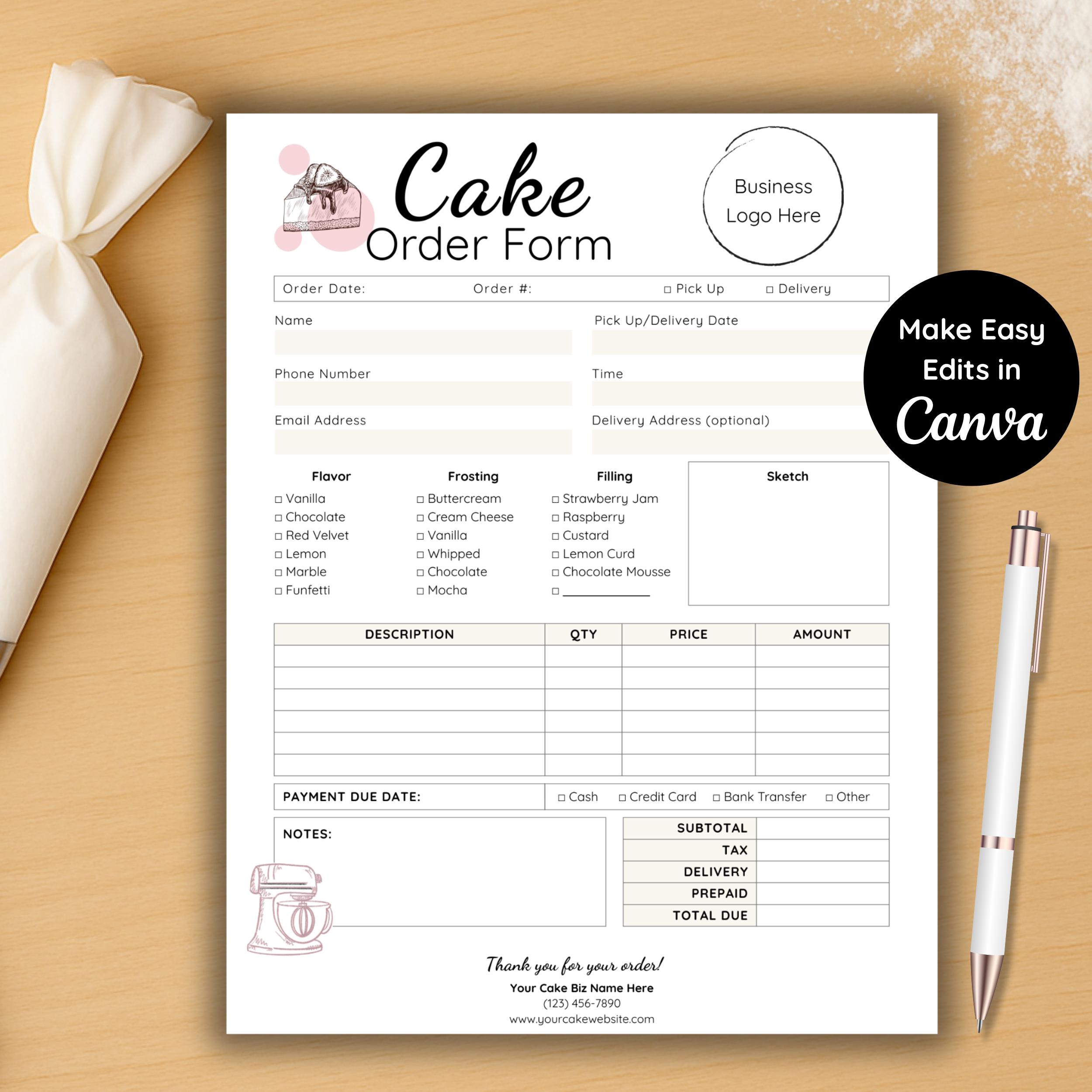 Cake Order Form Template | Printable and Editable Canva Invoice | Cake ...