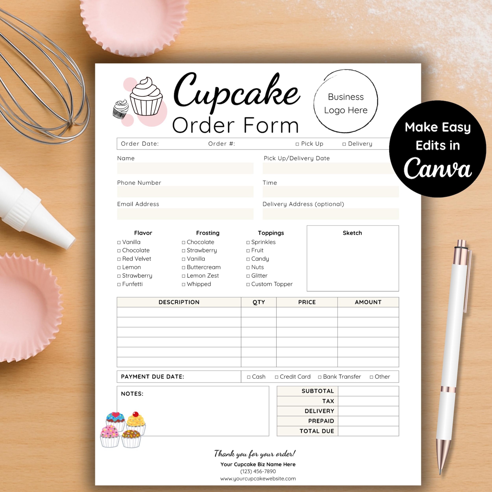 Cupcake Order Form Template | Printable Bakery Order Sheet | Editable ...
