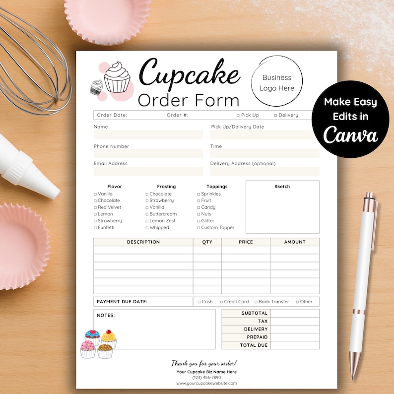 Cupcake Order Form Template | Printable Bakery Order Sheet | Editable ...