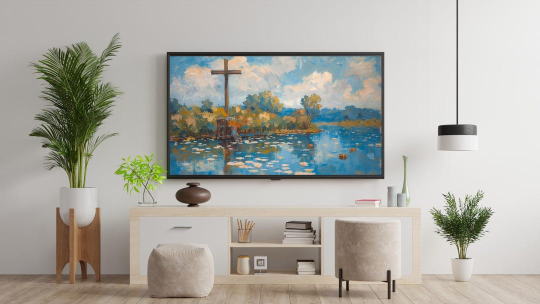 Christian Lake Cross Digital Background | Religious Frame TV Screen Art ...