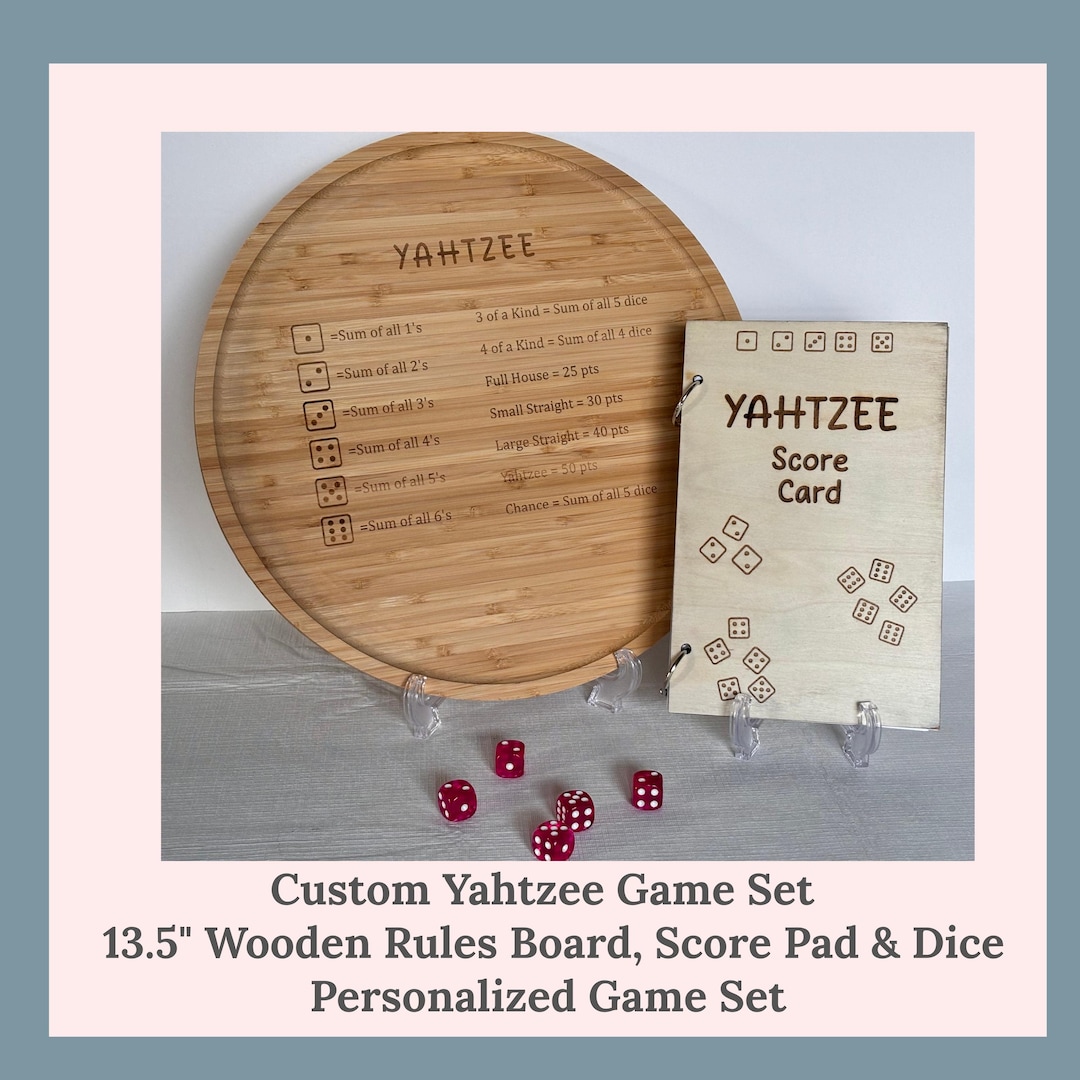 Custom Yahtzee Game Set | 13.5" Wooden Rules Board, Score Pad & Dice ...