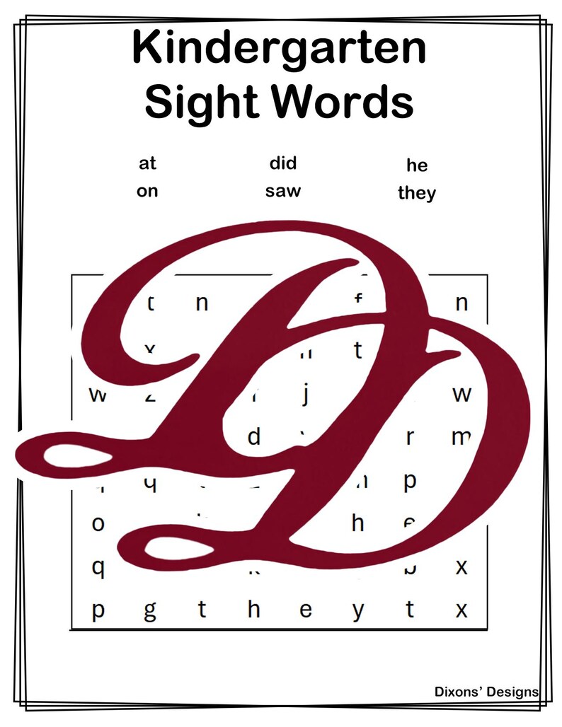Printable Dolch Kindergarten Sight Words Word Search, 52 Words, Digital ...