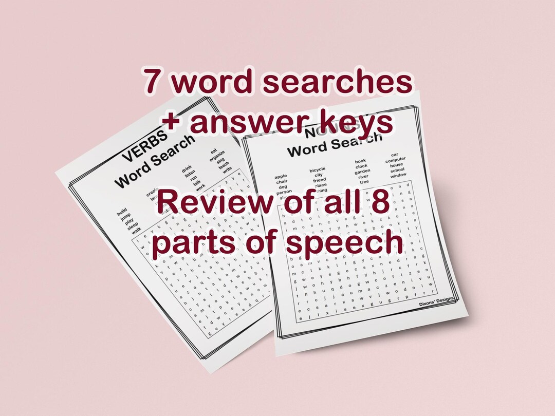 Printable Parts of Speech Word Search, 7 Puzzles, 8 Parts of Speech ...