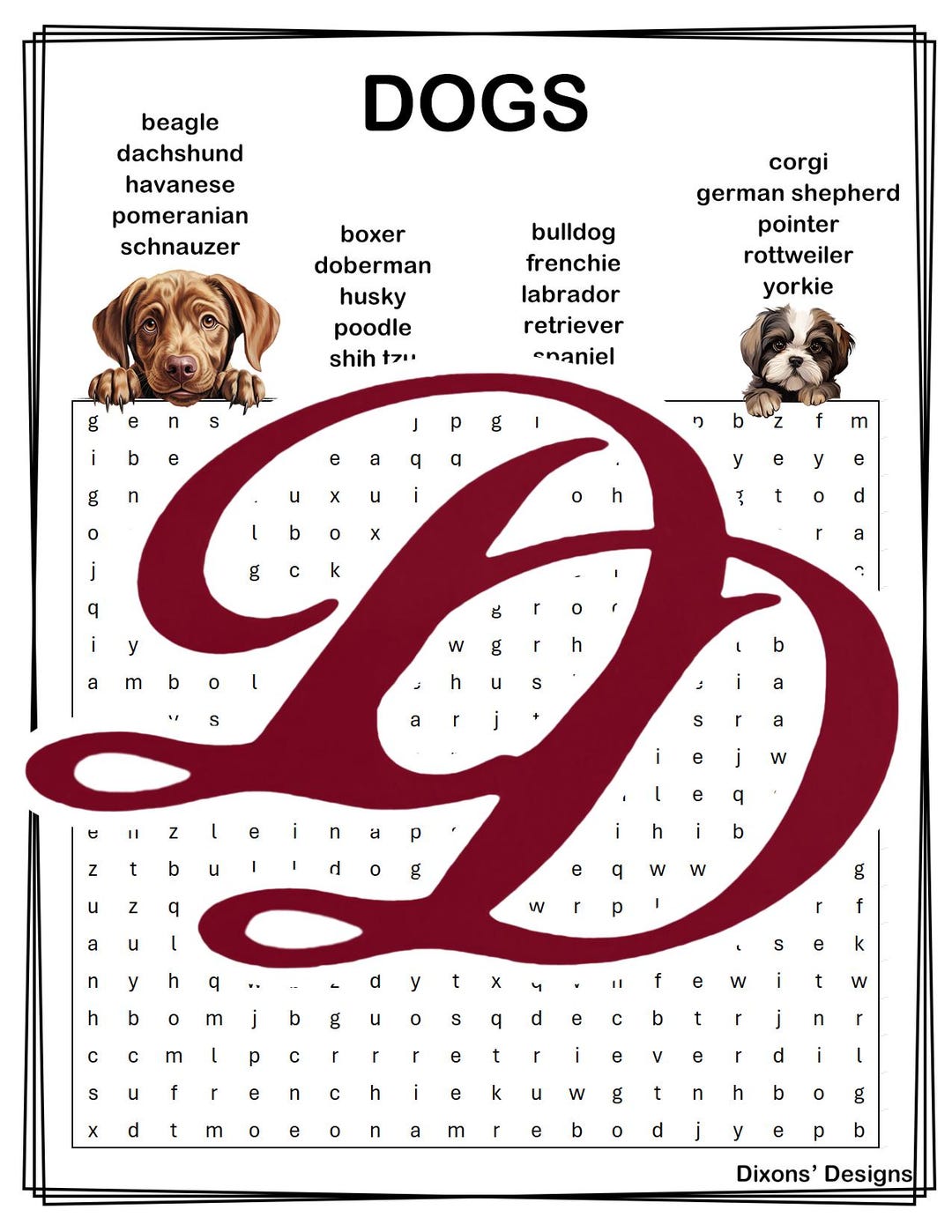 Printable Dog Word Search, Digital Download, PDF, Homeschool, Classroom ...