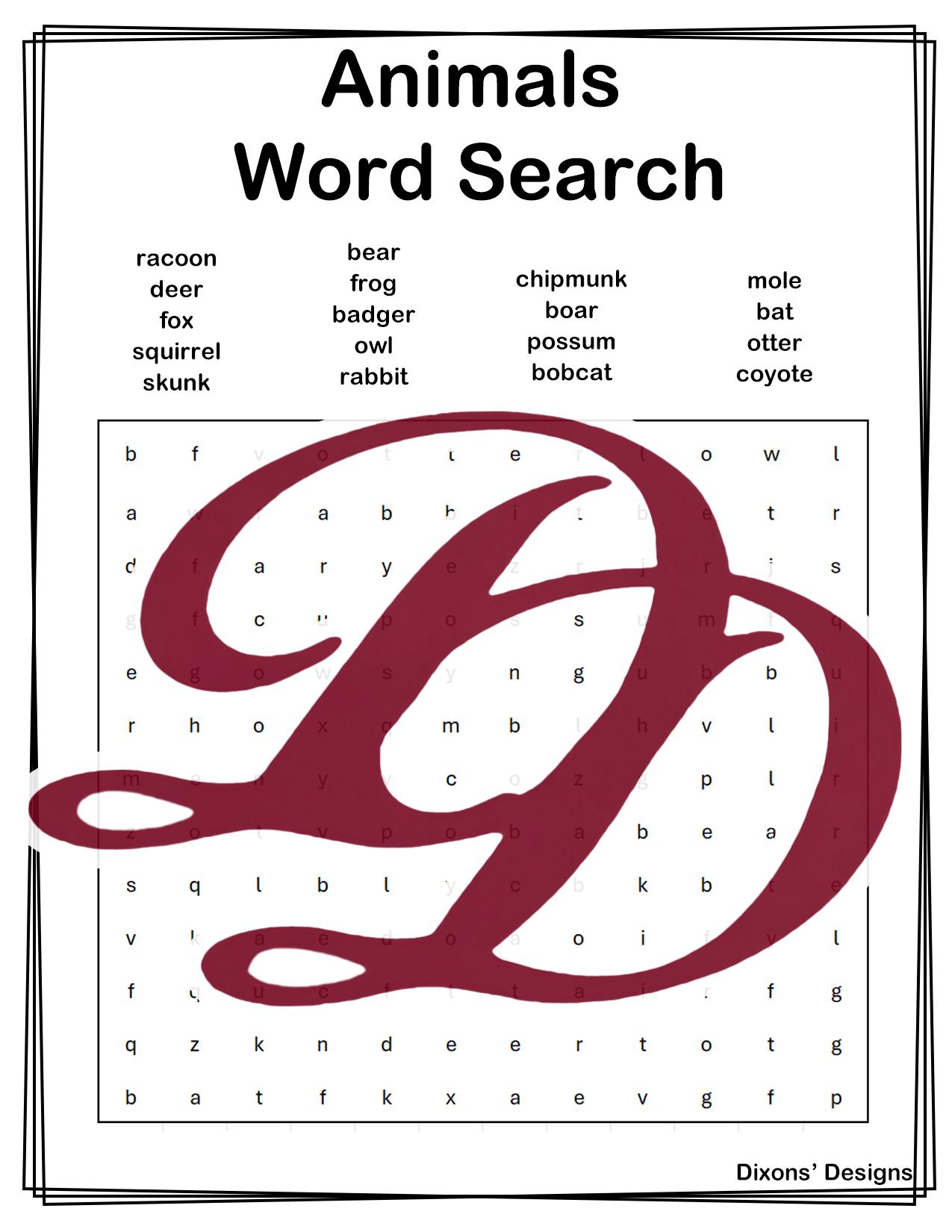 Printable Animal Word Search, 18 Word, Digital Download, PDF ...