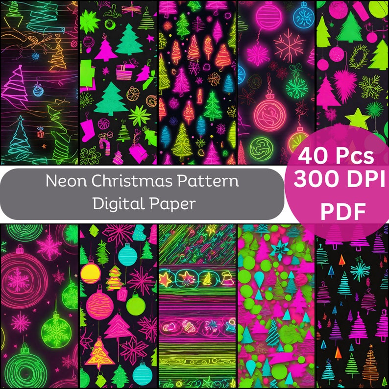 Neon Christmas Pattern Digital Paper, 40pcs Seamless Printable Instant ...