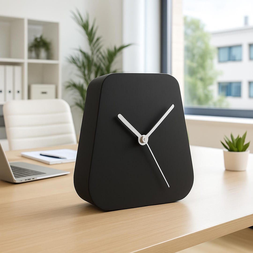 Minimalist Black Desk Clock – Geometric Trapezoid Shape, Silent Quartz ...