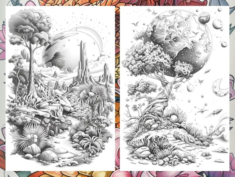 25 Space Magical and Celestial Coloring Pages, Grayscale Coloring Book ...