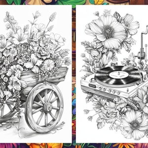Retro Floral Cute COLORING PAGES BOOK, 20 Vintage Objects & Anxiety ...