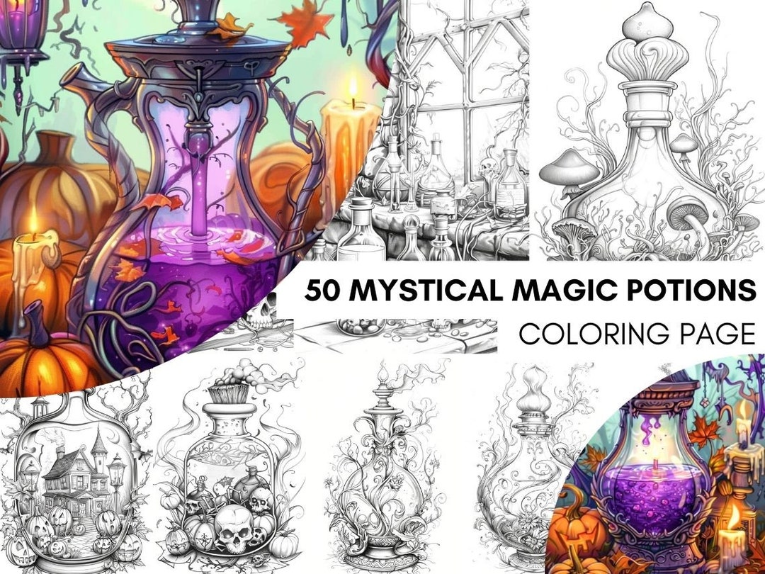 50 Magical Fantasy Coloring Book Pages for Kids Adults, Magic Potions ...