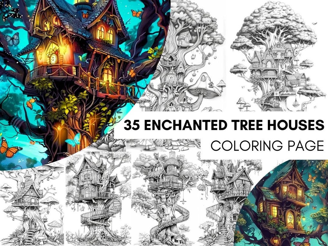 35 Coloring Books Enchanted Tree Houses, Fairy Houses, Coloring Pages ...