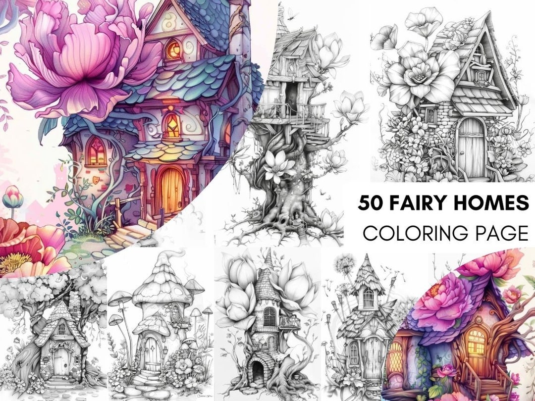 FLORAL Fairy House Adult COLORING PAGES – Beauty Fantastical Magic ...