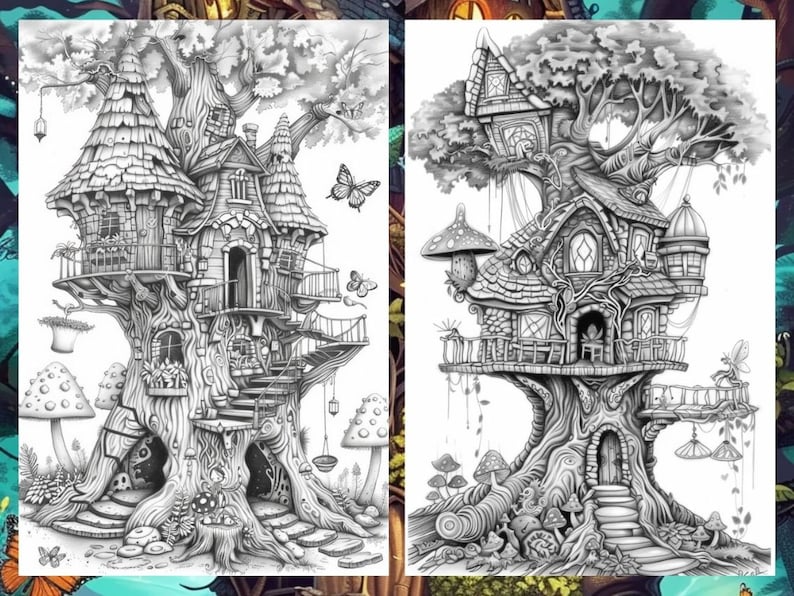 35 Coloring Books Enchanted Tree Houses, Fairy Houses, Coloring Pages ...
