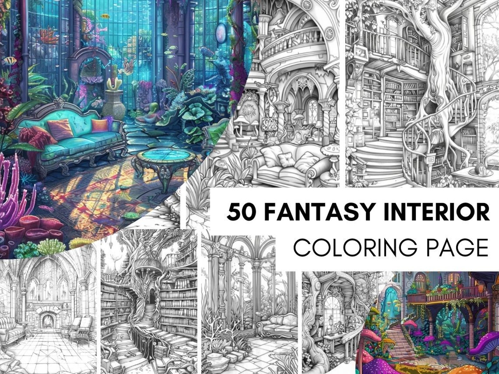 50 Fantasy Interior Coloring Pages - Adult, Teens and Kids Coloring ...