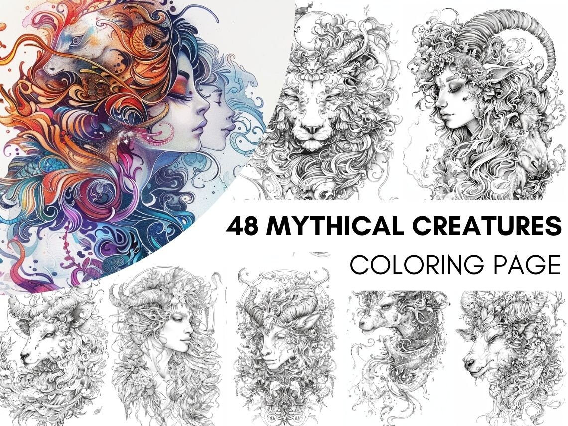 48 Coloring Book Mythical Creatures and Mythological Beings, Fantasy ...