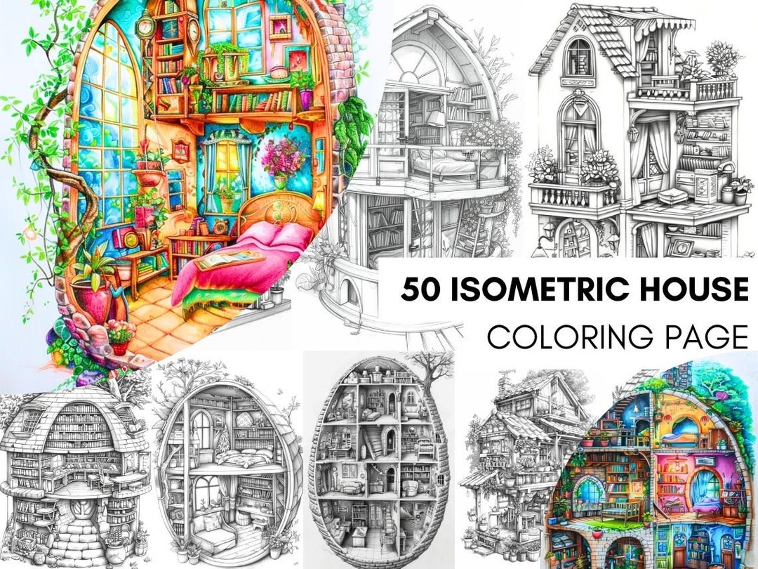 Pages Coloring 50 Isometric Houses Coloring Book, Coloring Sheets for ...