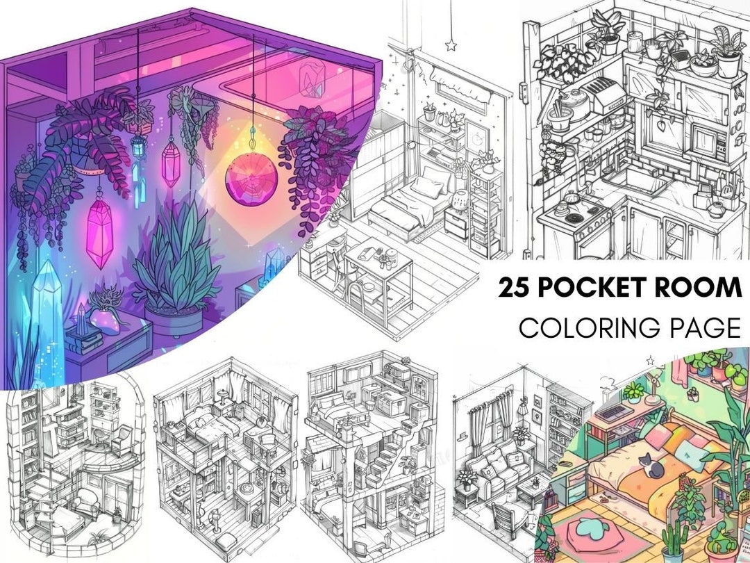 Cute Pocket Room Coloring Book, Isometric Coloring Pages, Interior ...