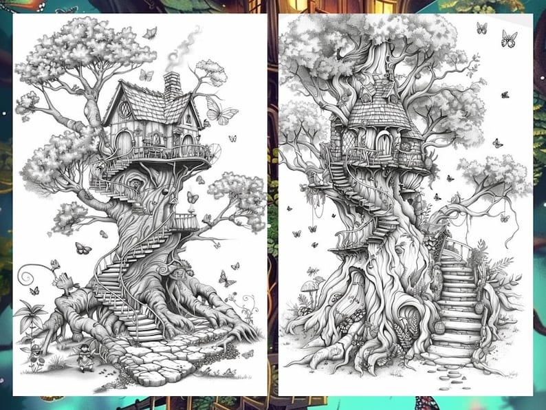 35 Coloring Books Enchanted Tree Houses, Fairy Houses, Coloring Pages ...