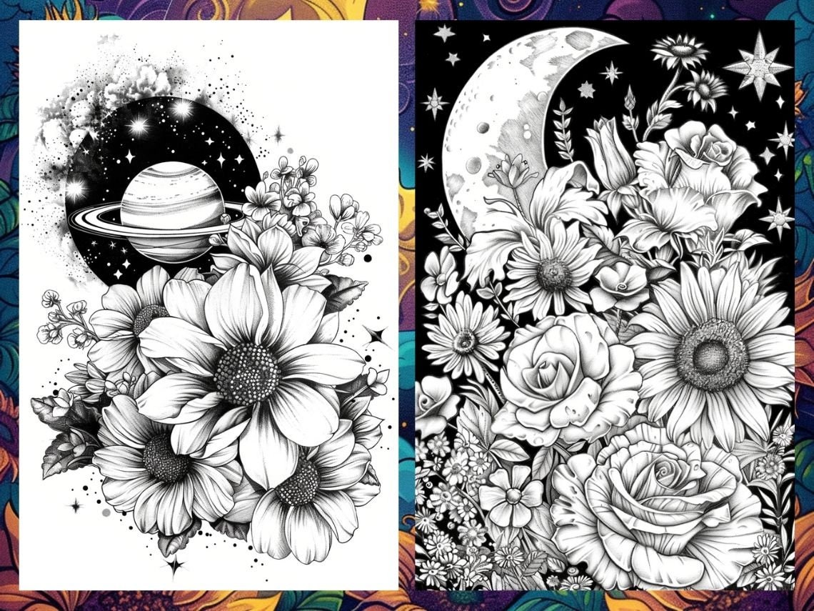 Magic Celestial Space Floral Coloring Book for Adults, Flower Sun Moon ...
