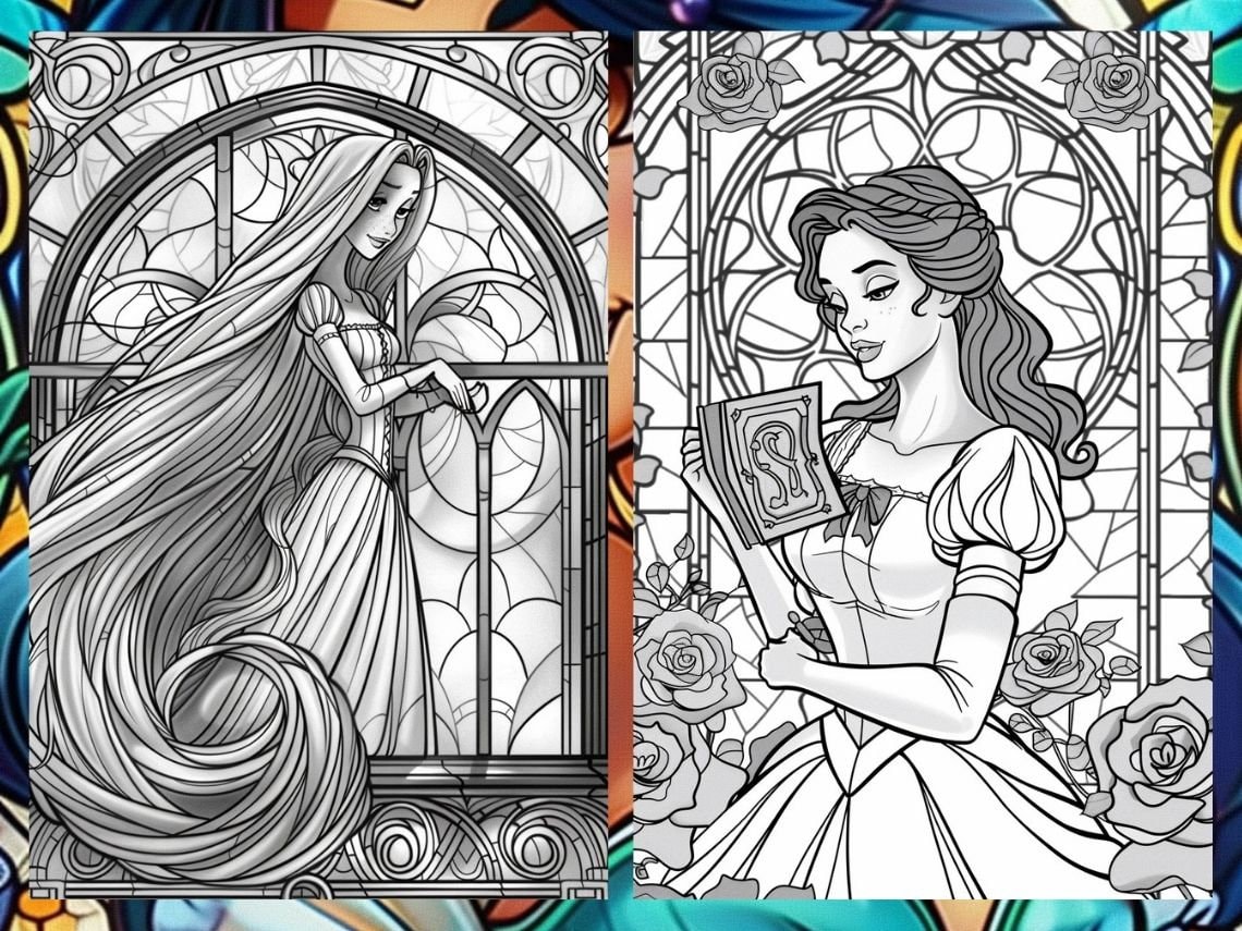 54 Princess Stained Glass Coloring Book, Art Nouveau Style, Coloring ...