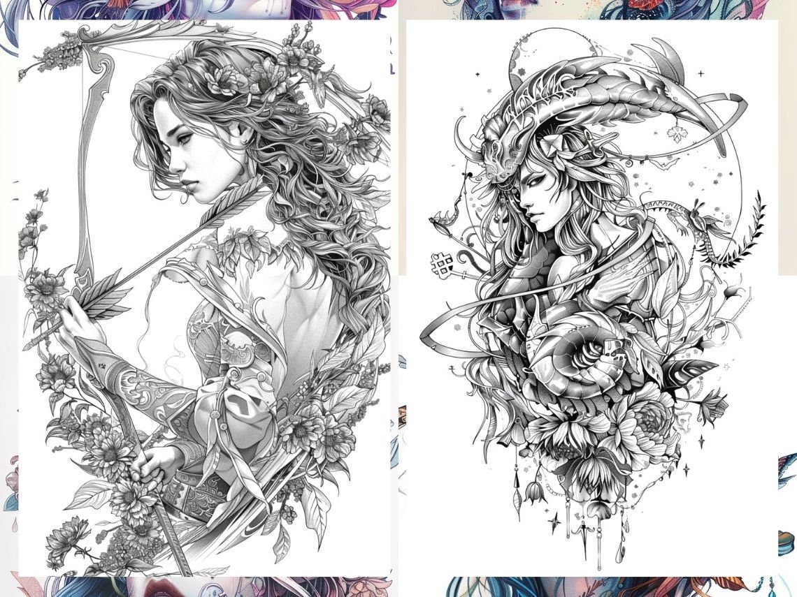 24 Zodiac Sign Svg Woman Coloring Book, Printable PDF, Celestial ...