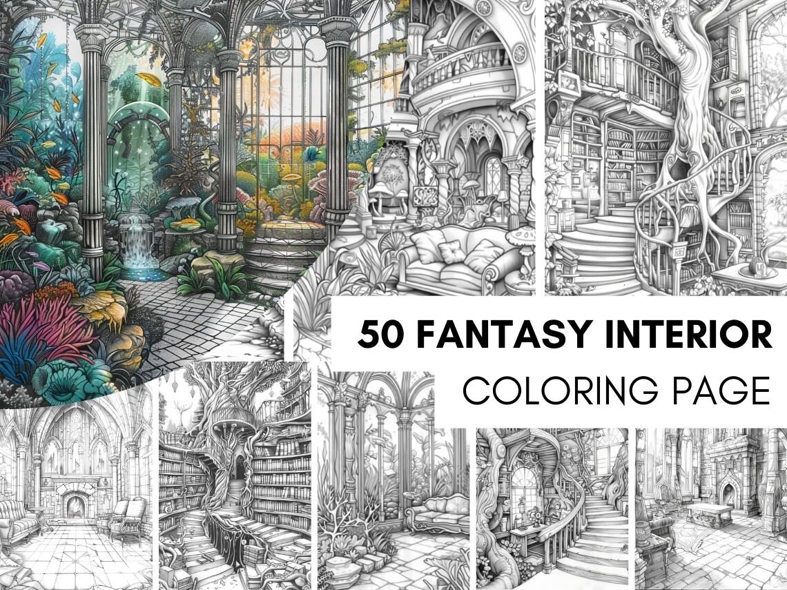 50 Fantasy Interior Coloring Pages Adult, Teens and Kids Coloring Book ...