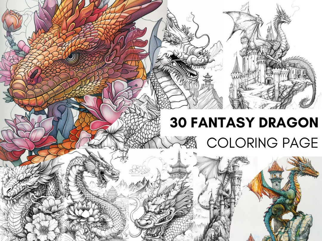 30 Magical Fantasy Coloring Book Pages for Kids Adults, Dragons and ...