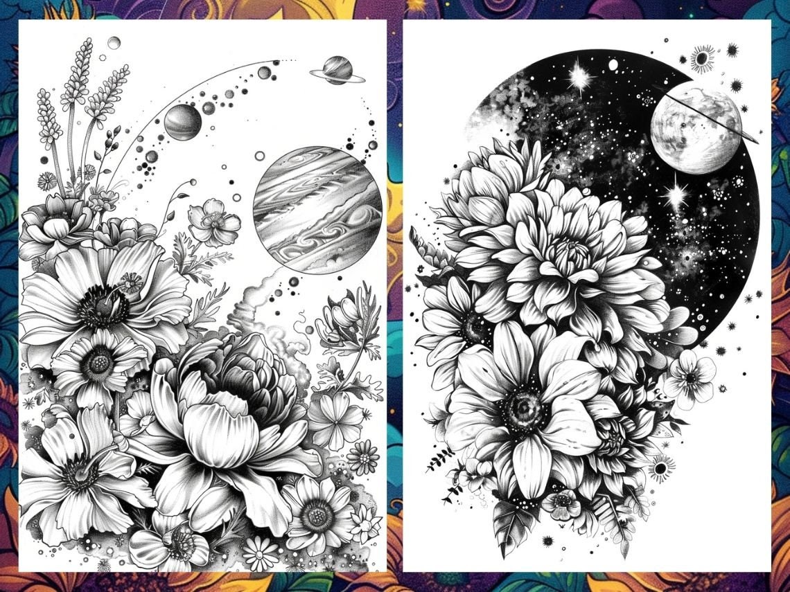 Magic Celestial Space Floral Coloring Book for Adults, Flower Sun Moon ...