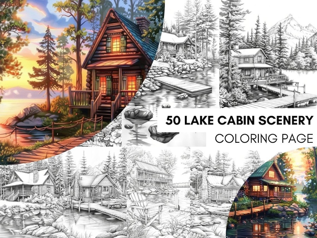 Pages Coloring 50 Lake Cabin Scenary, Fantasy Book, Coloring Book for ...