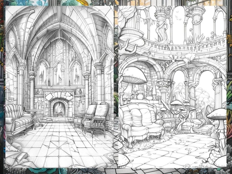 50 Fantasy Interior Coloring Pages Adult, Teens and Kids Coloring Book ...
