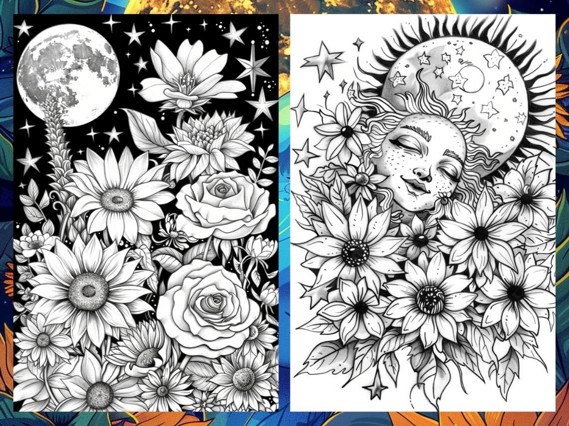 Magic Celestial Space Floral Coloring Book for Adults, Flower Sun Moon ...
