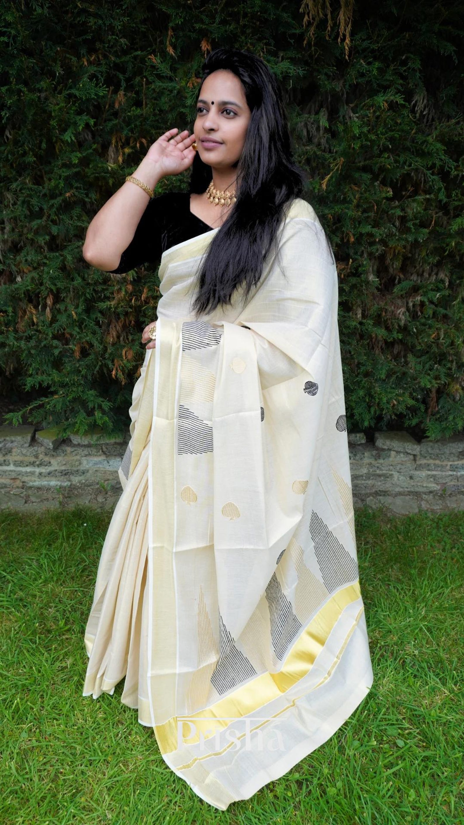 Kerala Cotton Tissue Silk Saree With Gold Kasavu Border and Hand ...