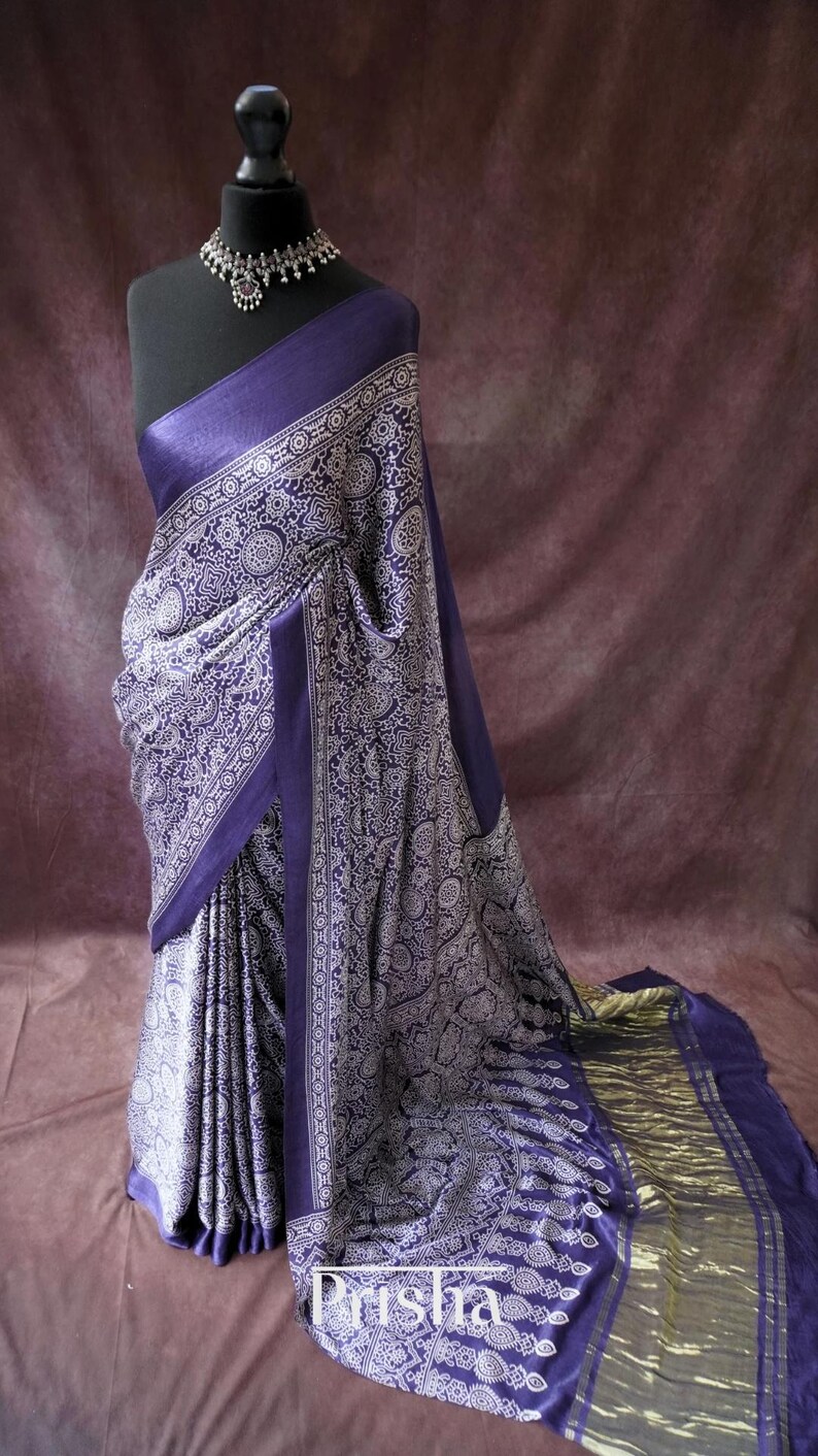 Indigo Pure Modal Silk Saree With White Ajarkh Print All Over the Body ...