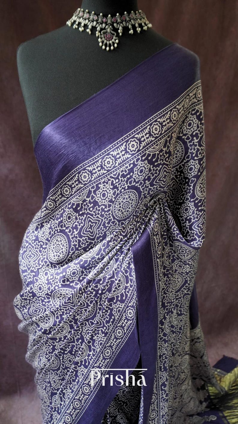 Indigo Pure Modal Silk Saree With White Ajarkh Print All Over the Body ...