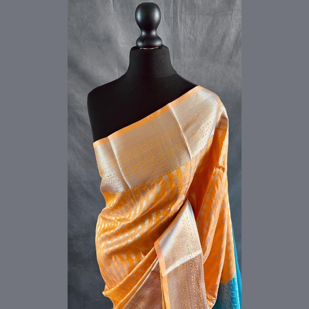 Fanta Orange Bridal Silk Saree With Vertical Sliver Zari Weaving and ...