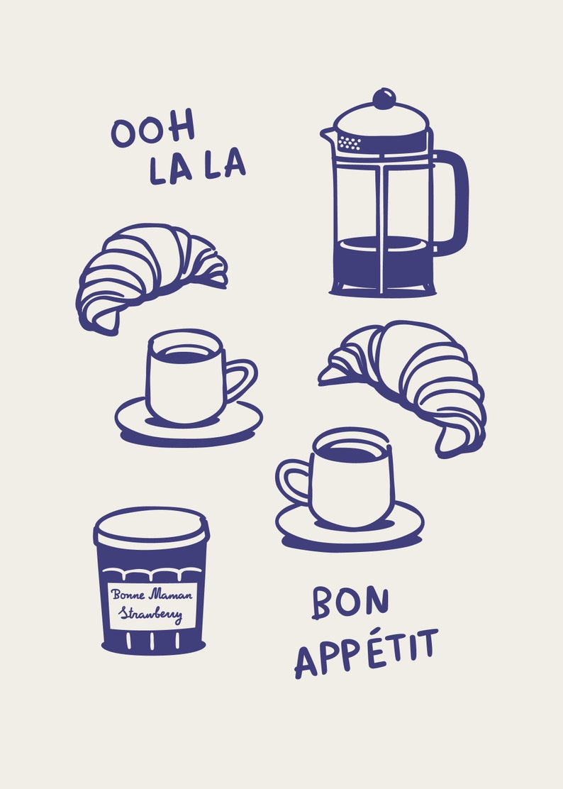 Bon Appetit Wall Art Croissant Coffee Illustration Breakfast Print - Etsy