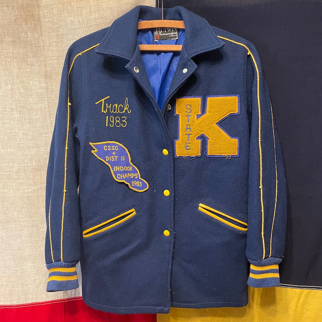 Vtg 80s Wool Varsity Jacket Track Patches and Chain Stitch Embroidery ...