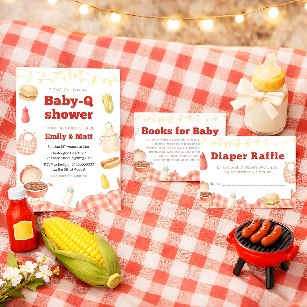 Baby-q Baby Shower Invitation Bundle, Barbecue Themed Editable Template ...
