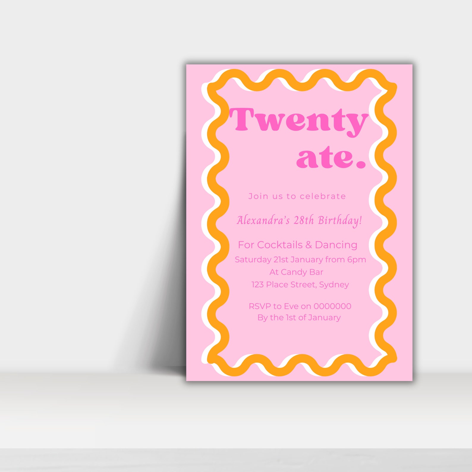 Twenty Ate, 28th Birthday Invitation, Pink and Orange Invite, Editable ...